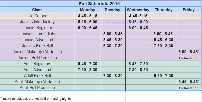 Fall 2016 Schedule Seven Stars Academy Of Martial Arts